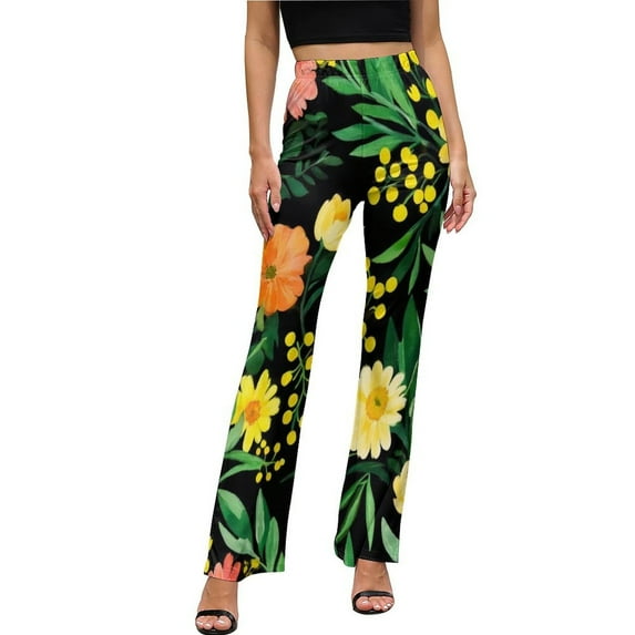 Black Background Vibrant Floral Print High Waisted Casual Flared ...