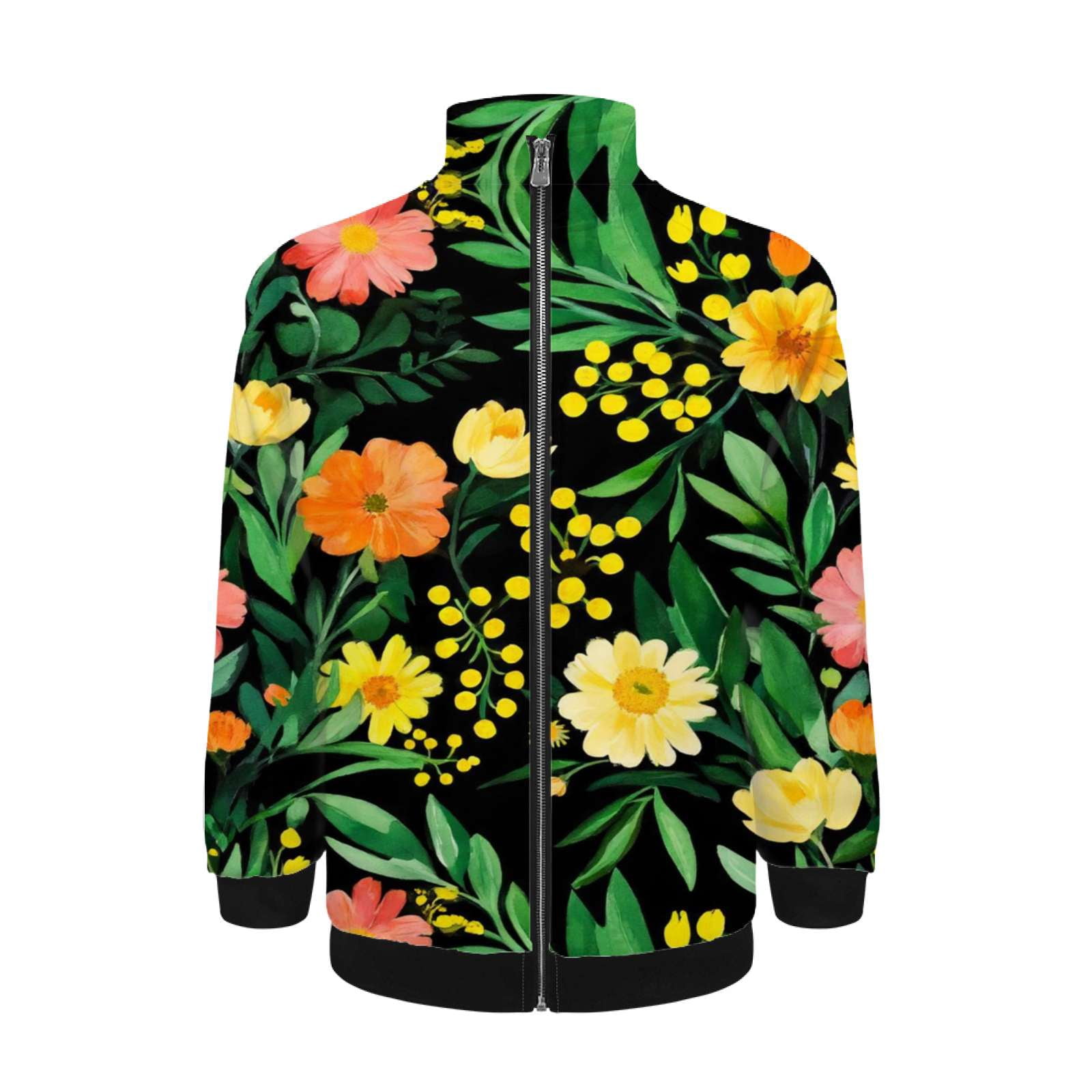 Black Background Vibrant Floral Print Jacket Men's Street Cool Long ...