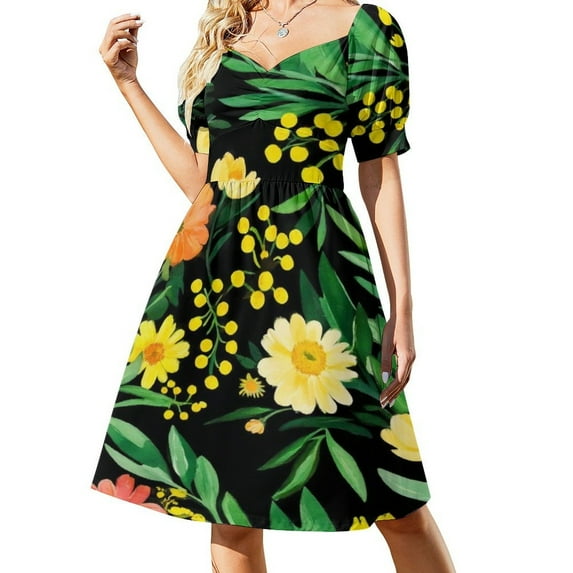 Black Background Vibrant Floral Print Short Sleeve Dress Clothes Women ...