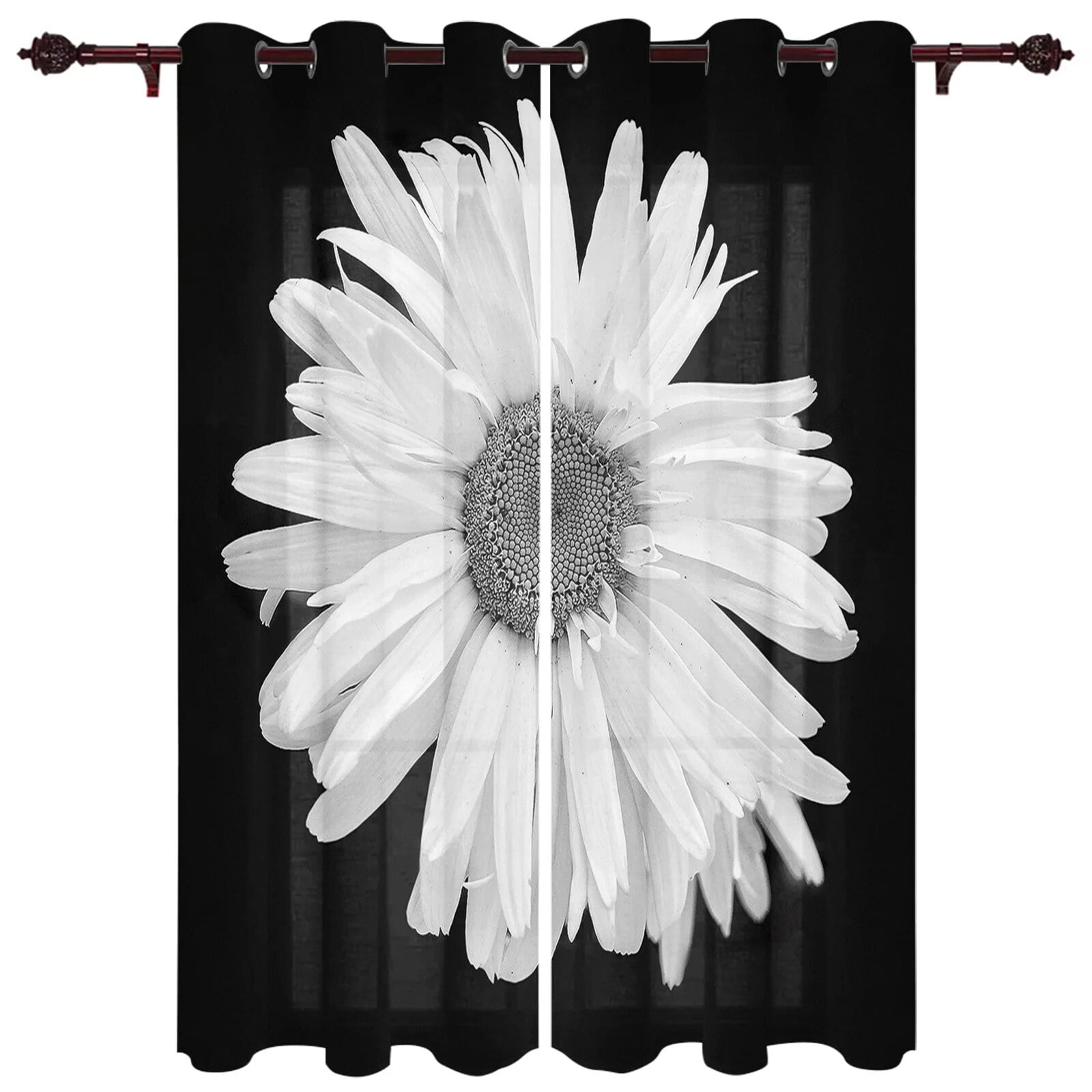 Black Background White Daisies Large Curtains For Living Dining Modern ...
