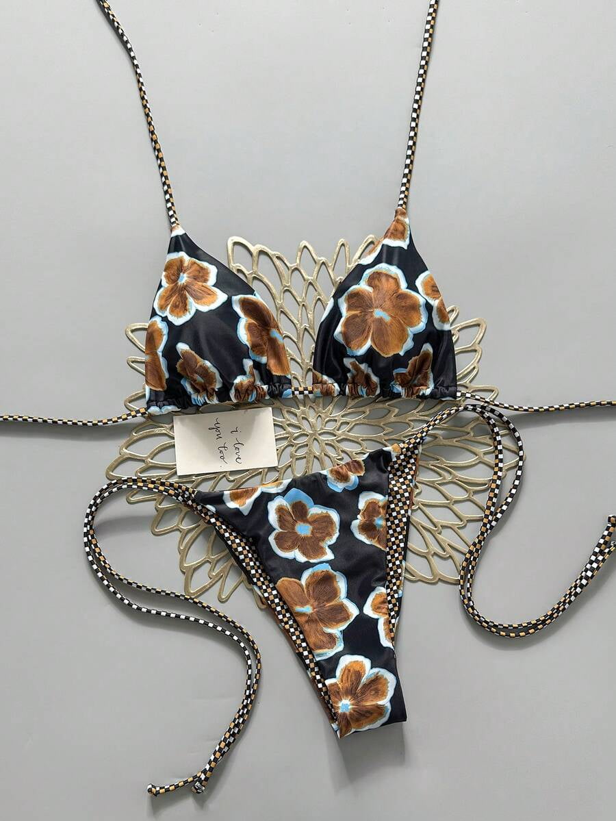 Black Background With Blue-Brown Floral Print Tie-Side Triangle Bikini ...
