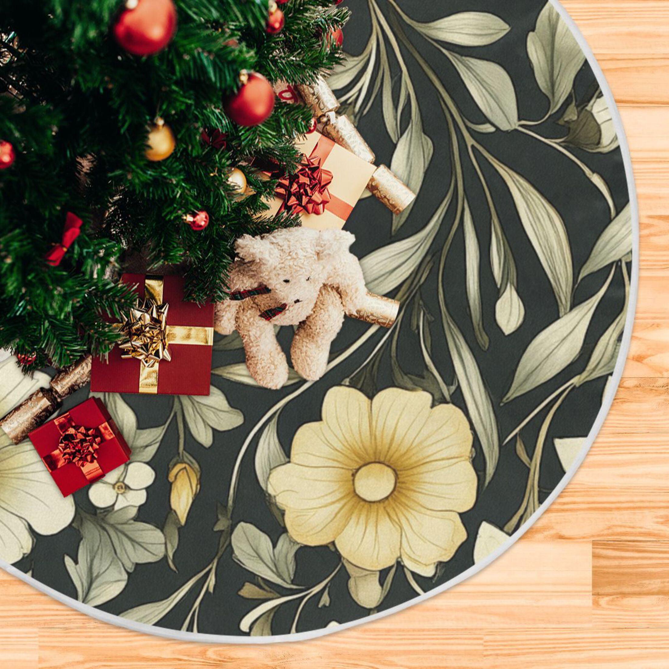 Black Background and Daisies Christmas Tree Skirt Stand Mat Waterproof ...