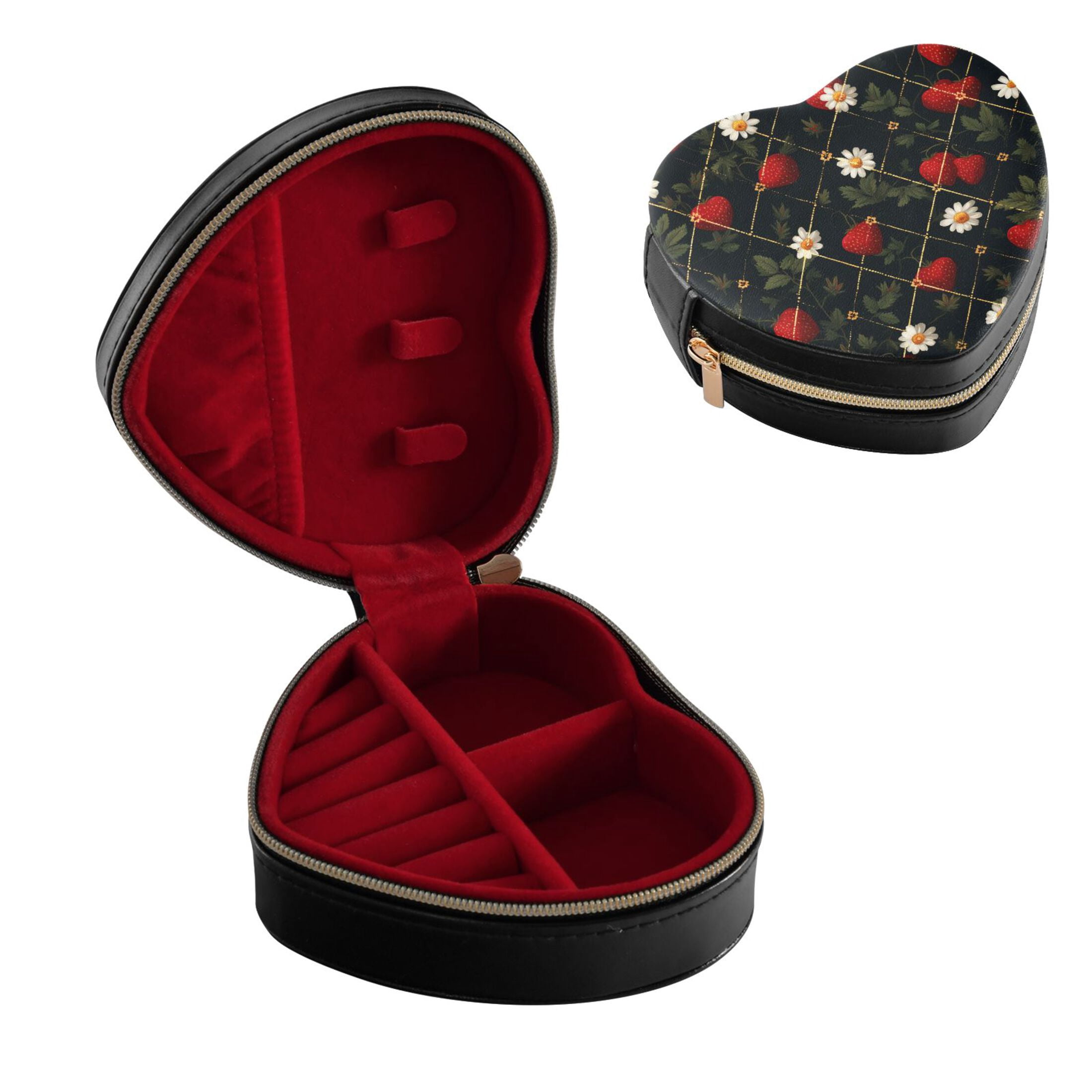Black Background with Gold Line Strawberries Flowers PU Leather Heart ...