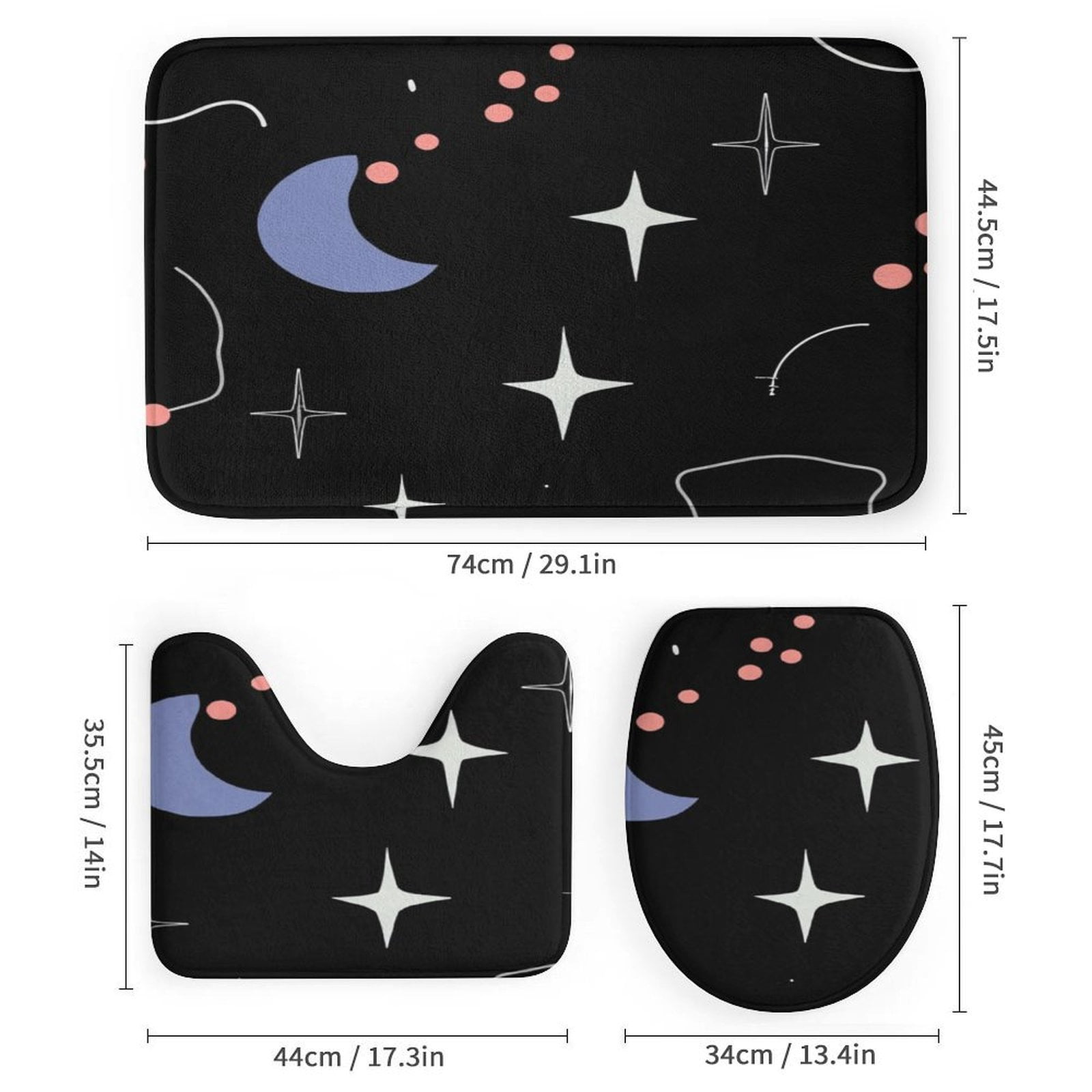 Black Background with Moons, Stars, And Dots Pattern Bathroom Mats Sets ...