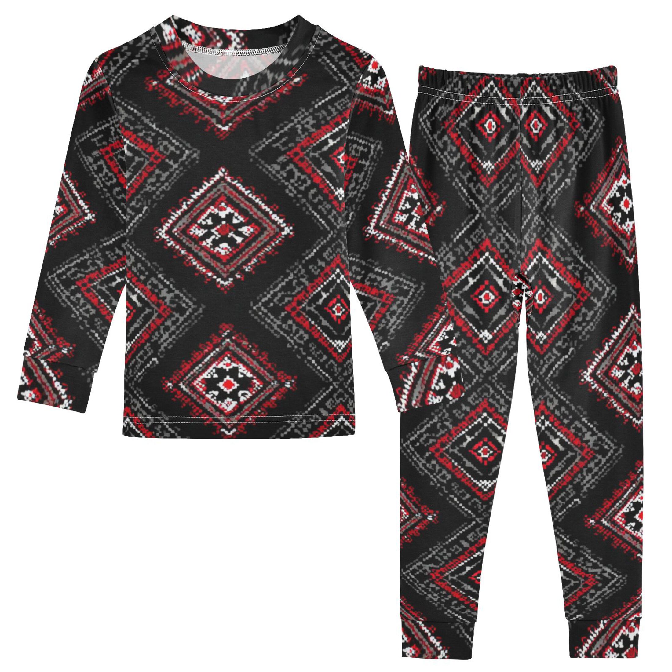 Black Background with Red Square Cotton Pajama Set Long Sleeve Top and ...