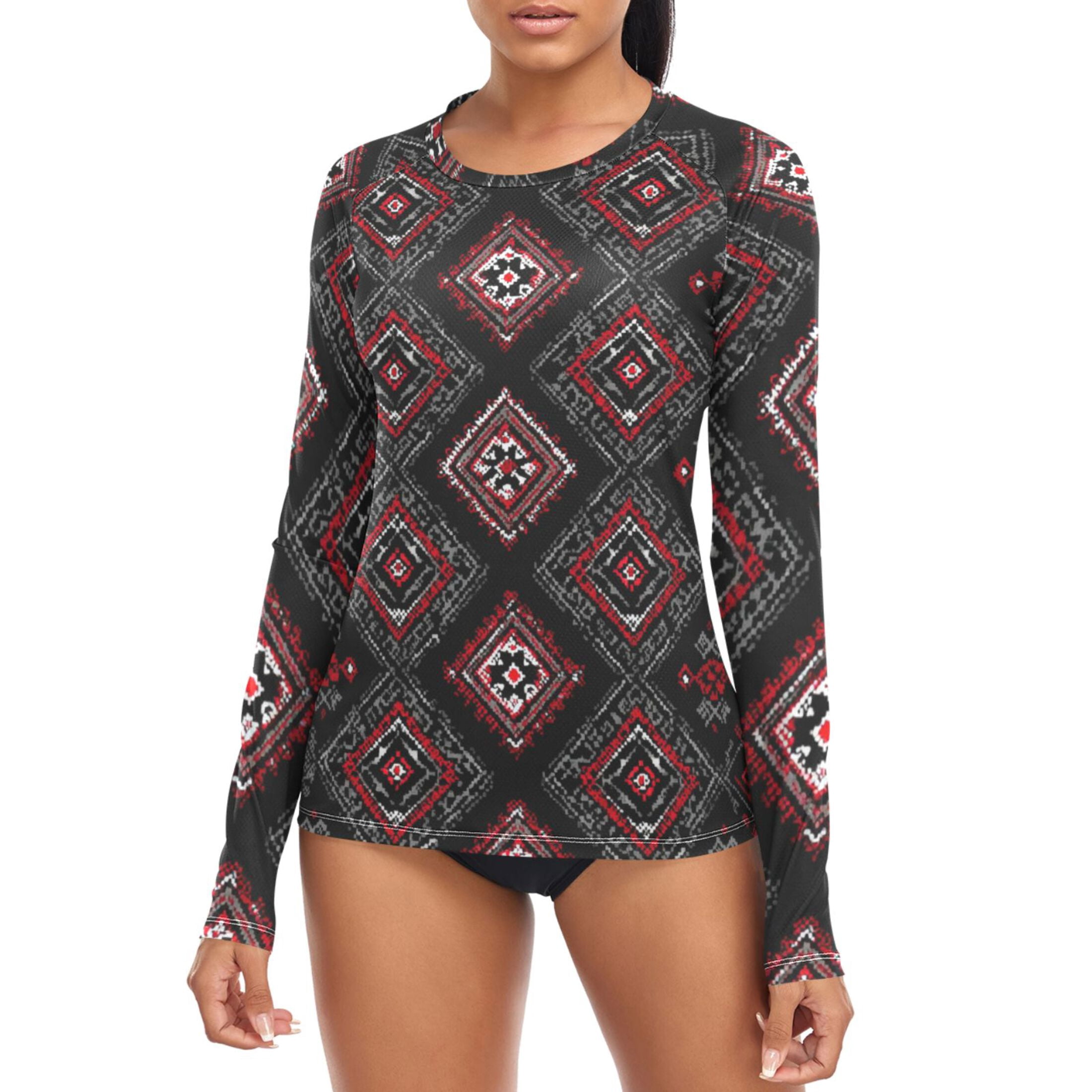 Black Background with Red Square Women's Rash Guard Shirts UPF 50+ Sun ...