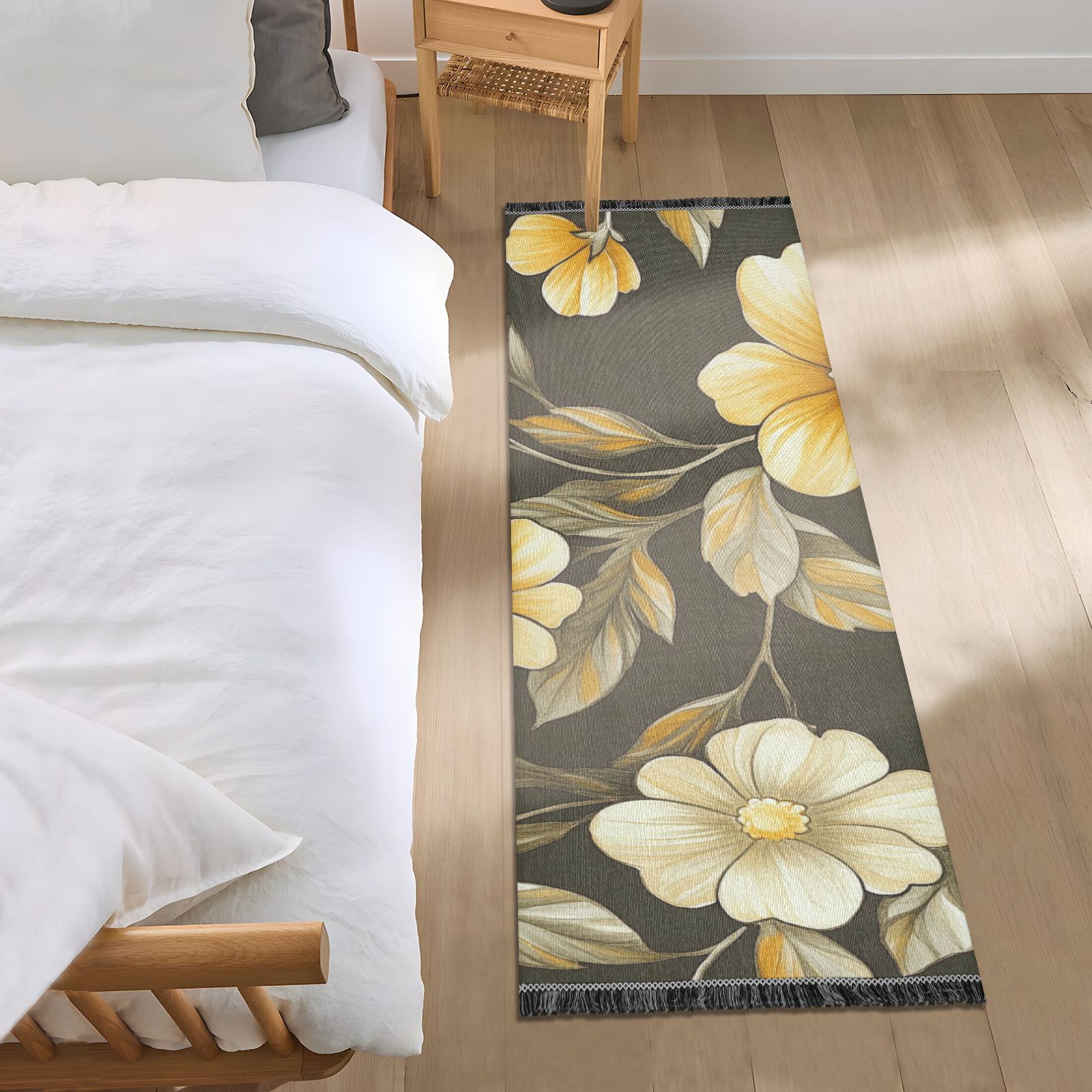 Black Background with Yellow Daisies Bedroom Runner Rug 2'x 6' Non Slip ...