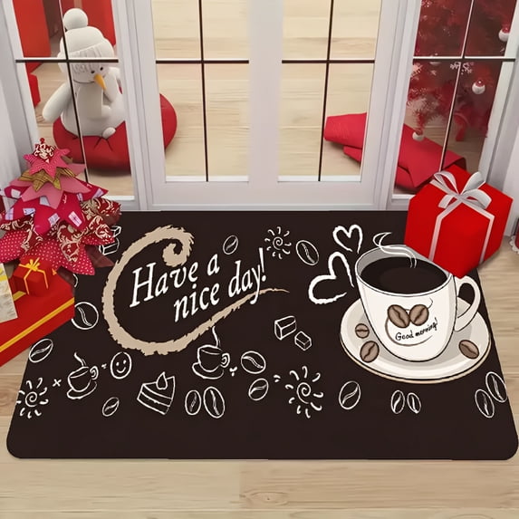 Black Backing Coffee Pattern Kitchen Carpet Set, Rectangular Flannel ...