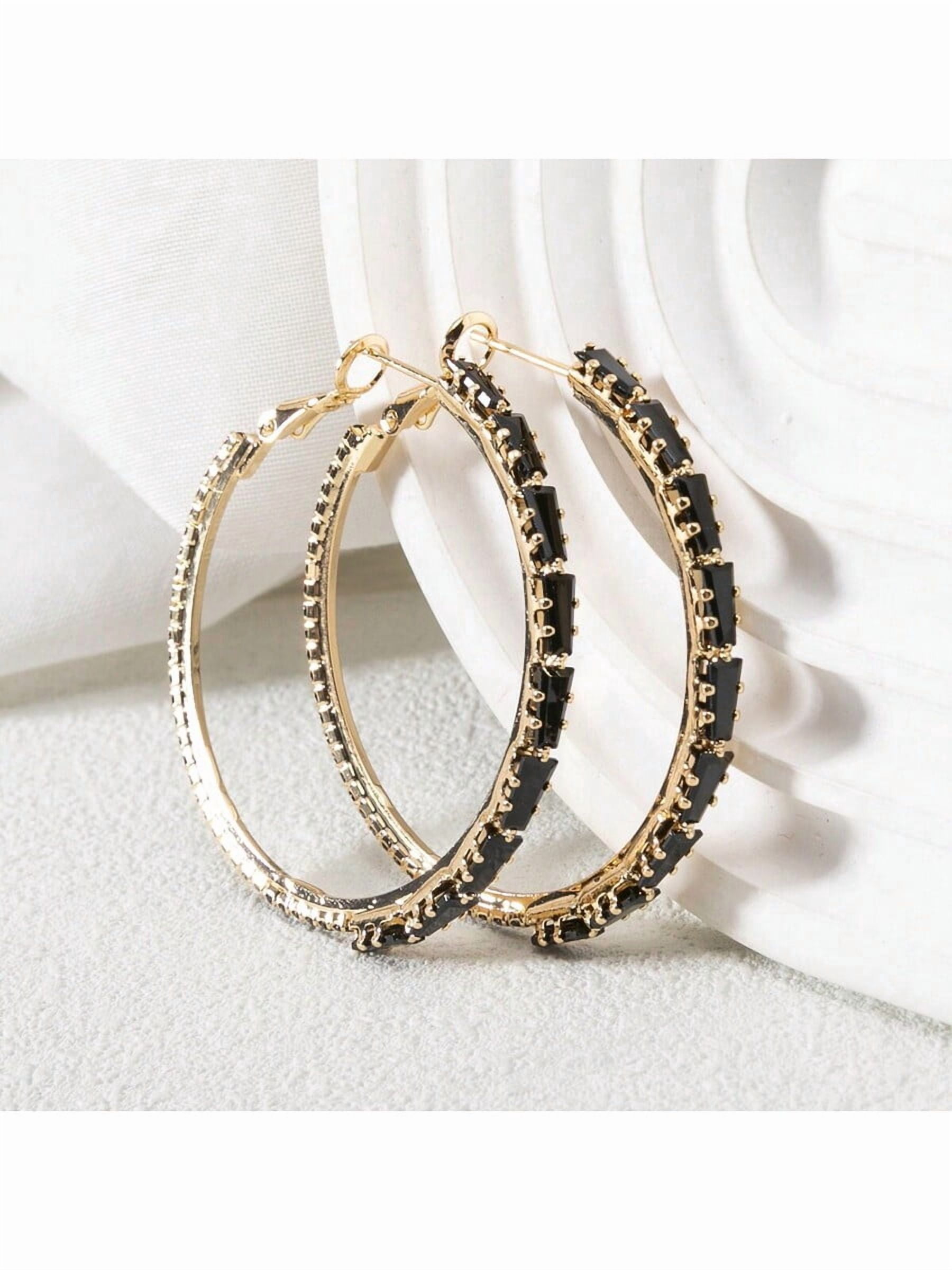 Black Baguette-Cut Cubic Zirconia Hoop Earrings In Goldtone Metal ...