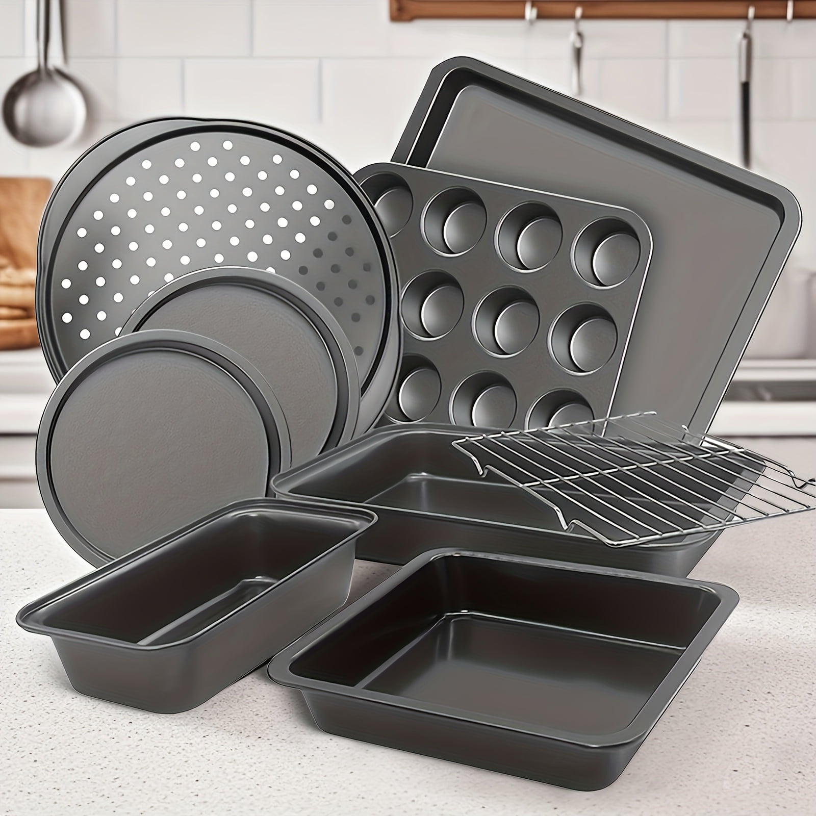 Black Baking Utensil Set with Mesh Rack, Cookie Sheet, Cake Pan, Bread ...