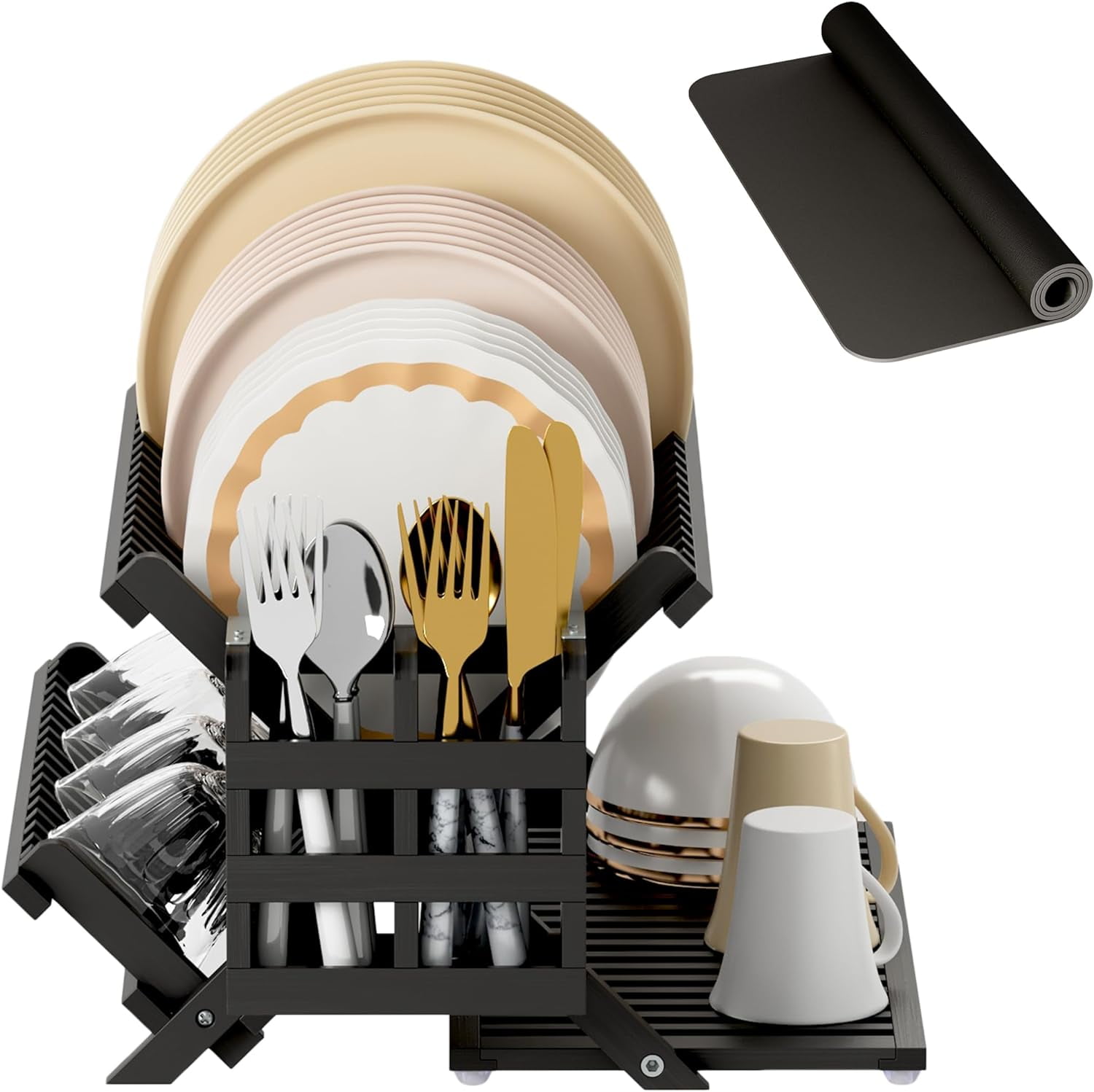 Black Bamboo Dish Drying Rack with Utensil Holder, 3 Tier Collapsible ...