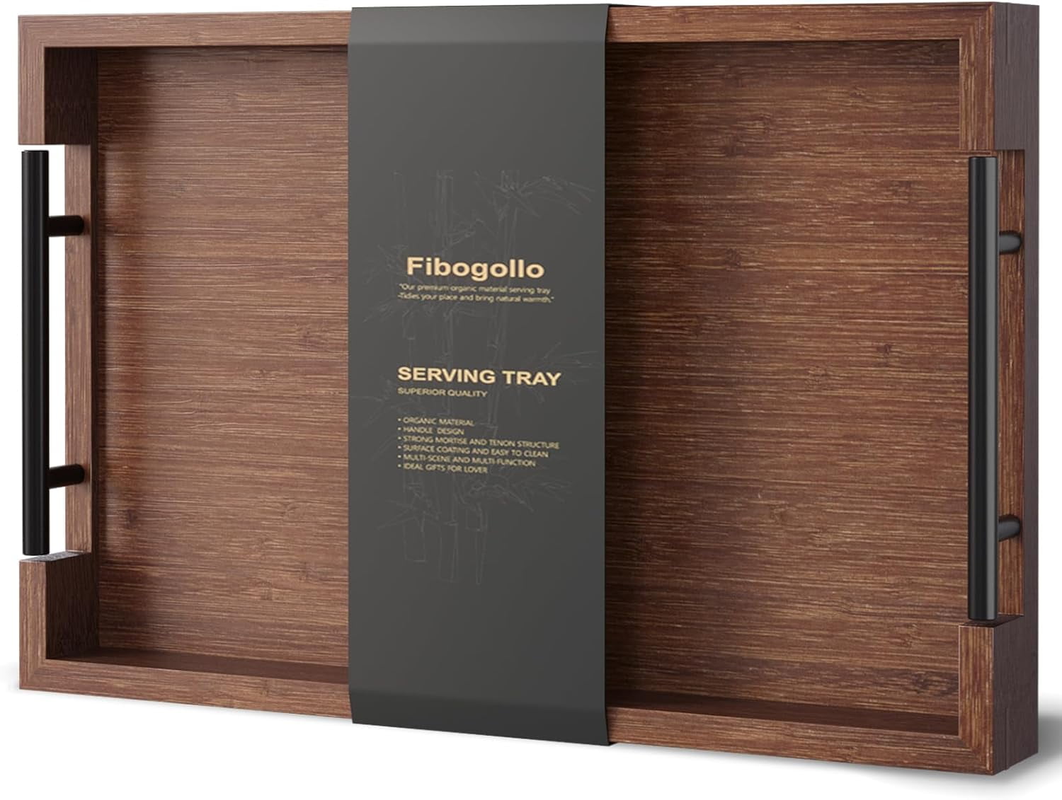 Black Bamboo Serving Tray with Metal Handles, 17x11in Large Decorative ...