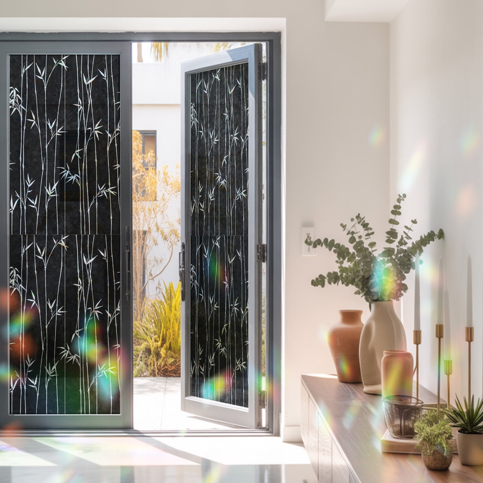 Black Bamboos Window Privacy Film Minimalist White Bamboos Stems Leaf ...