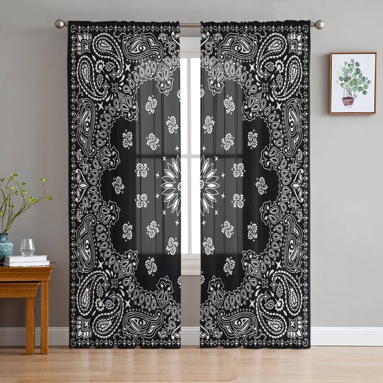Black Bandana Chiffon Sheer Curtains for Living Room Home ration Window ...