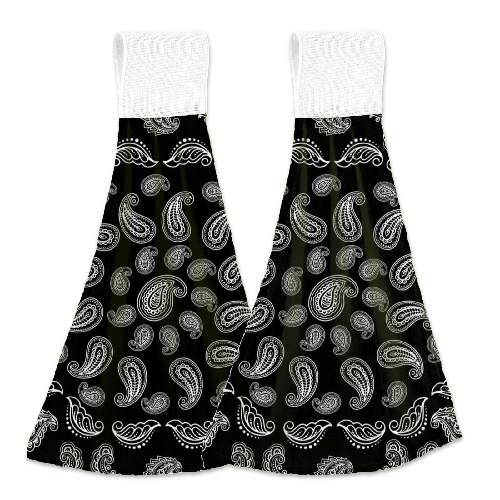 Black Bandanna Pattern Hanging Kitchen Hand Towels Sets with Loop Hand ...