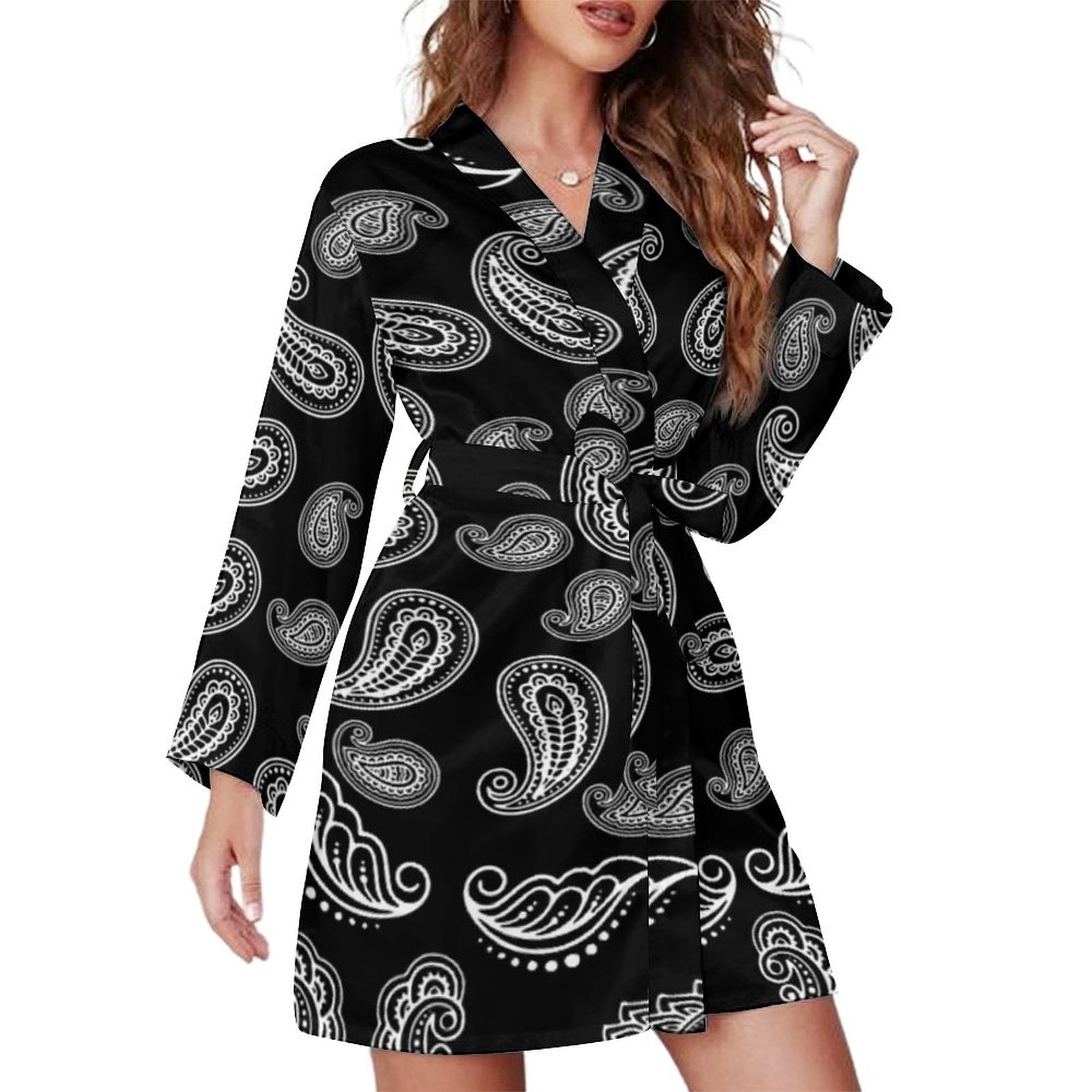 Black Bandanna Pattern Night Robe Long Sleeve V Neck Robe With Belt ...