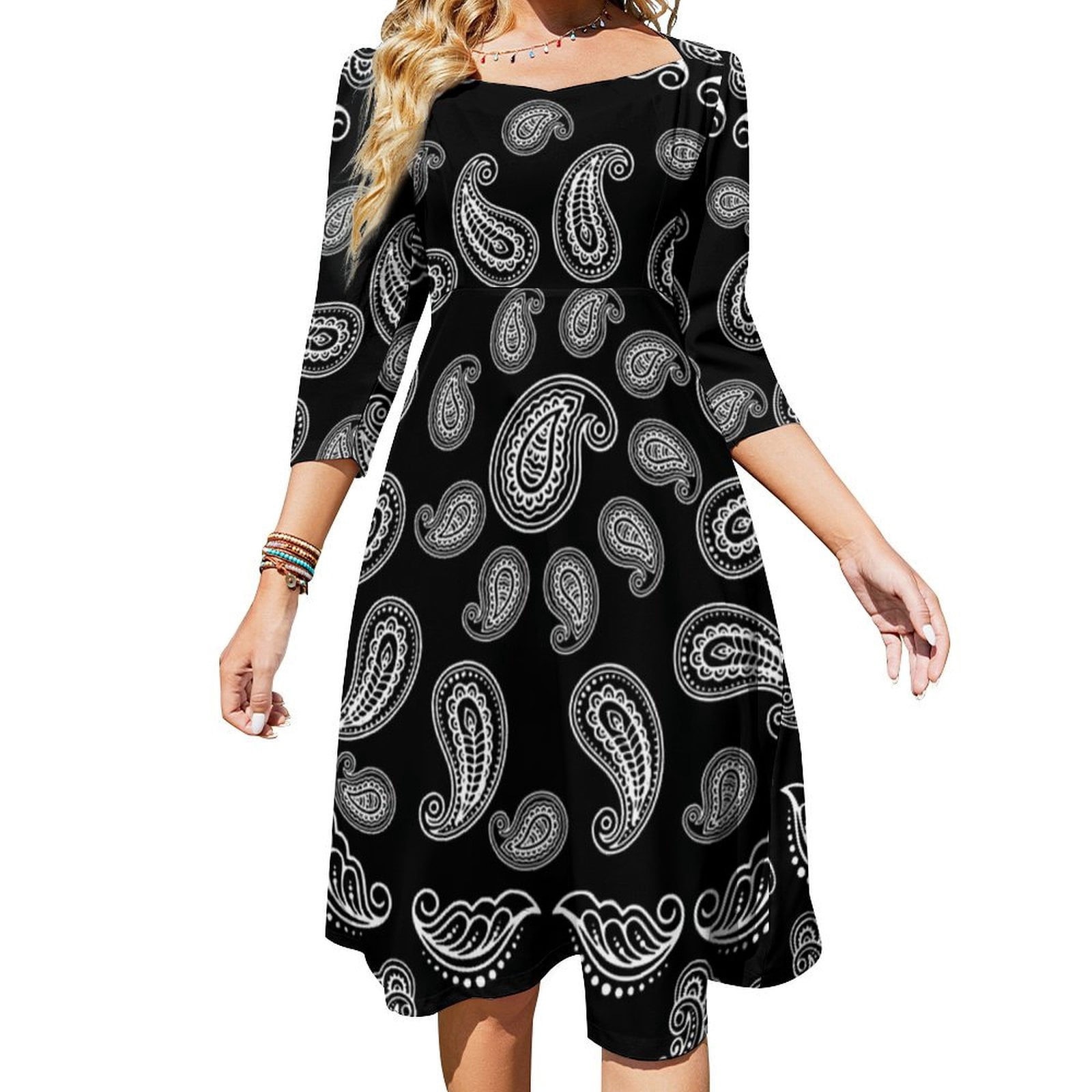 Black Bandanna Pattern Sweetheart Knot Flared Dress Fashion Design ...