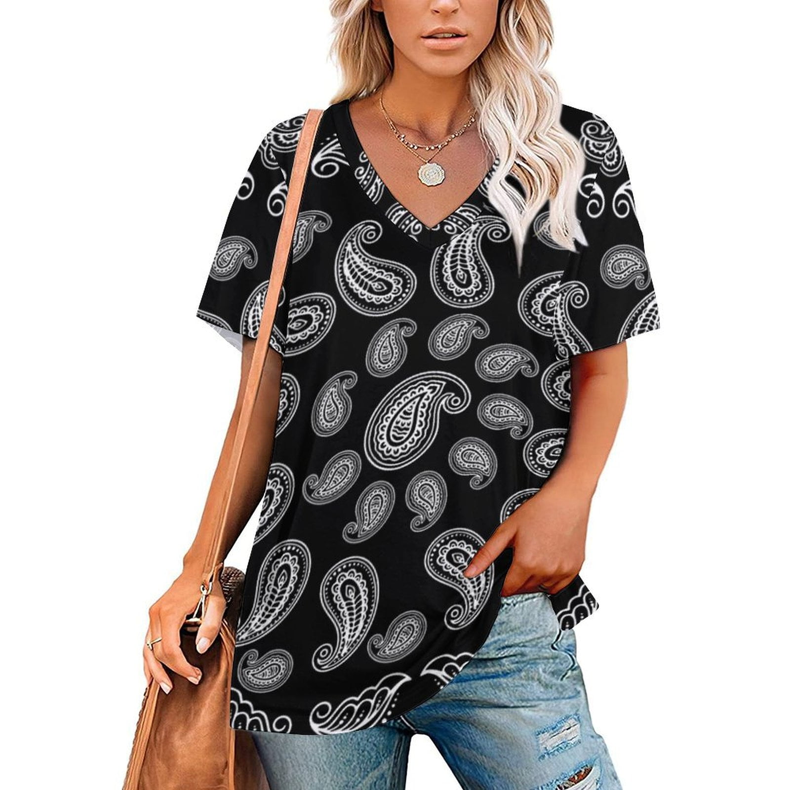 Black Bandanna Pattern T-Shirts Female Short Sleeve Loose Tshirt ...