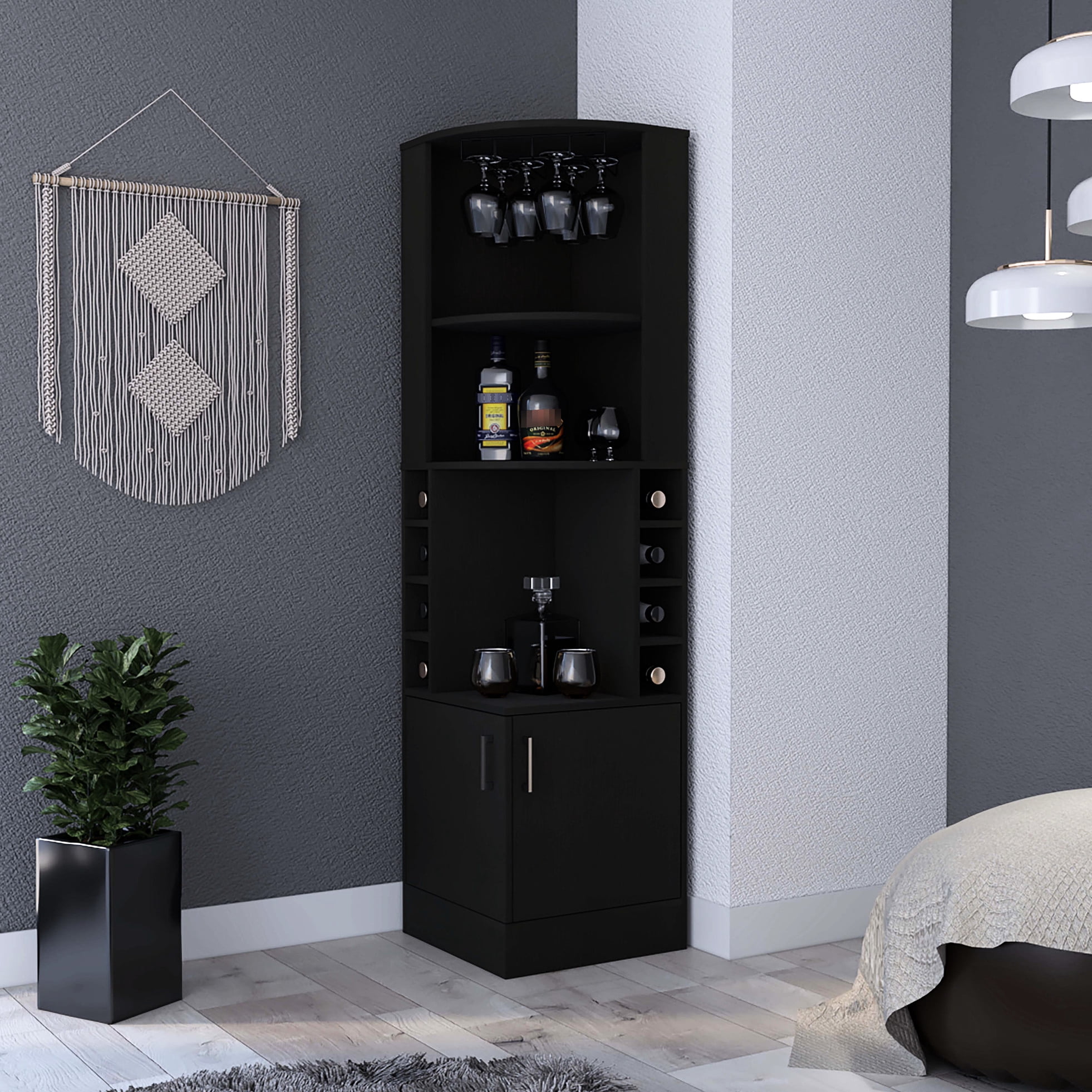 Black Bar Cabinet, 8 For Alcohol, 2 Large Open Shelves & 2-door Bottom ...