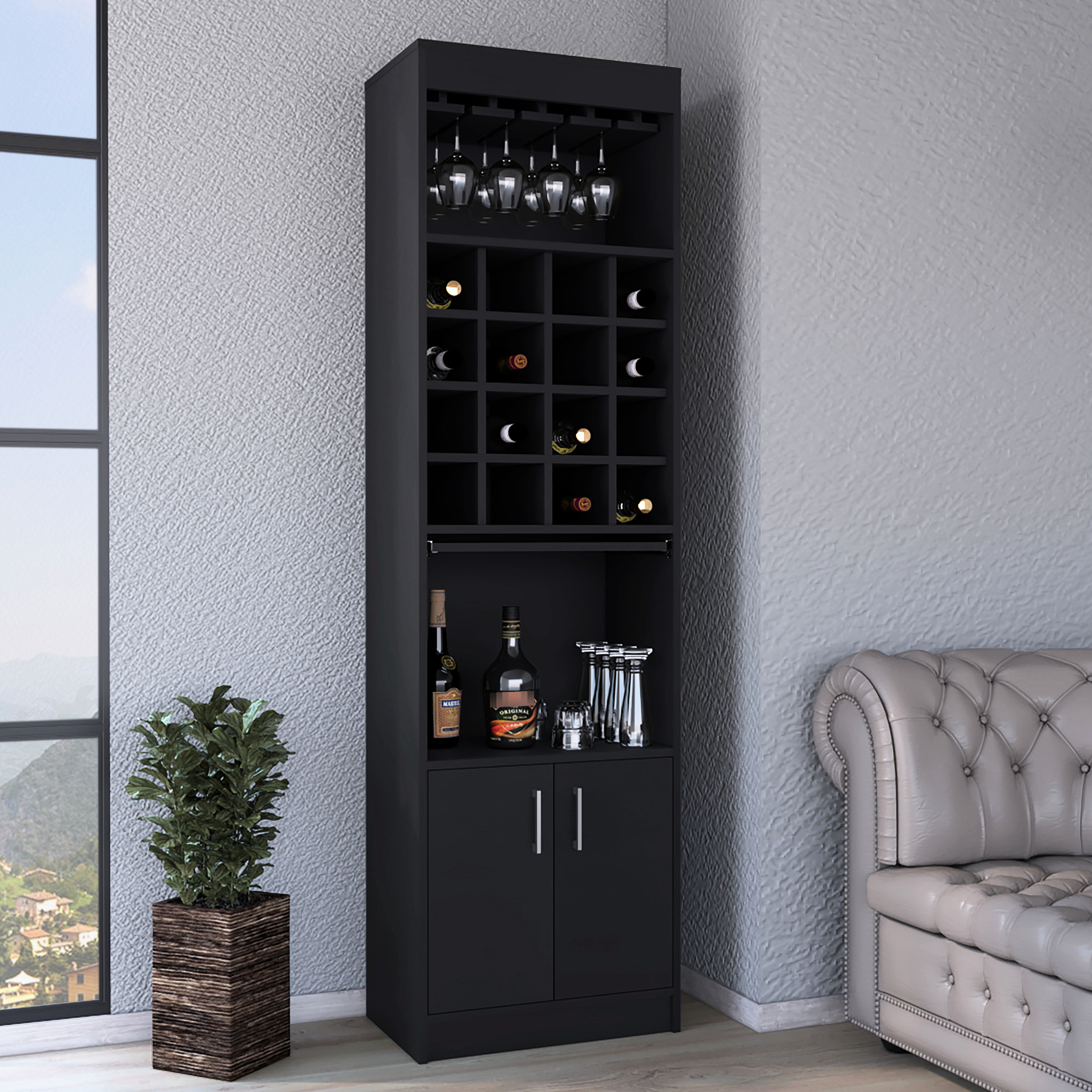 Black Bar Cabinet, Double Door Design, Two Shelves, 16-built-in Wine ...