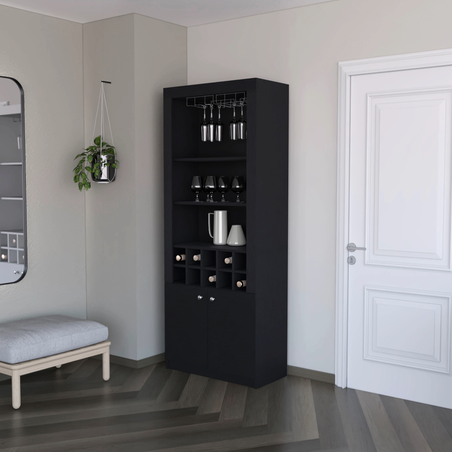 Black Bar Cabinet With Efficient Storage Layout: 3 Shelves For ...