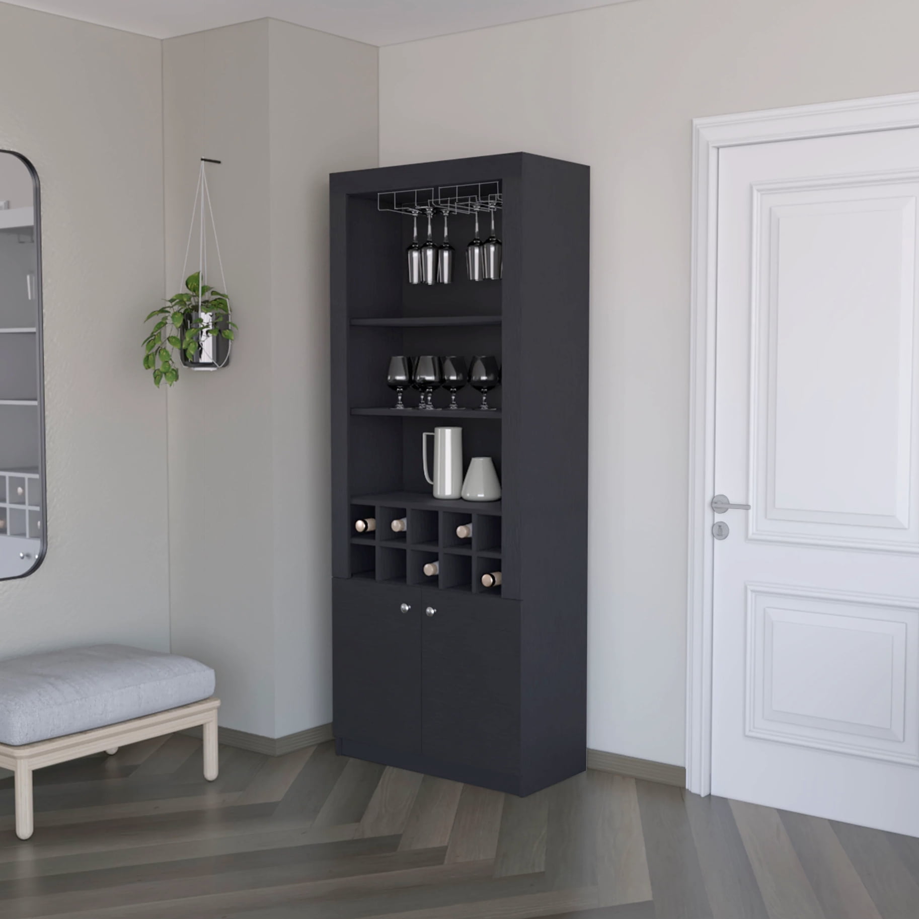Black Bar Cabinet With Wine Shelves: 3 Spacious Storage Shelves, Keeps ...