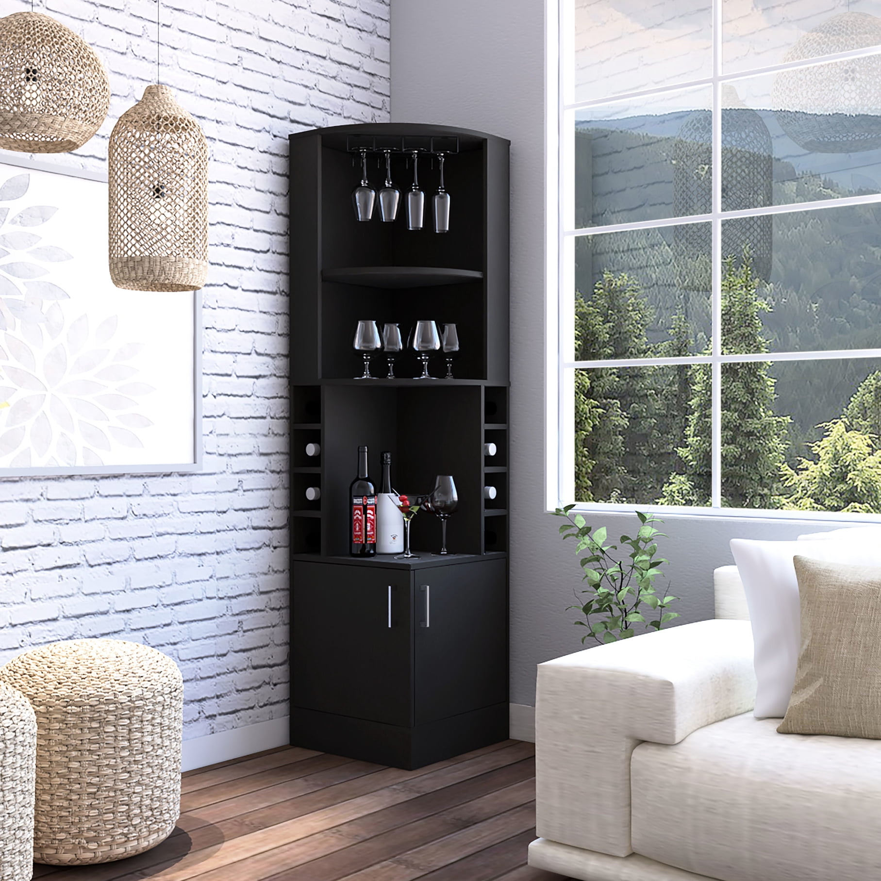 Black Bar Cabinet With 4 Compartment, 2-shelf, And Wine Spaces 2-shelf ...