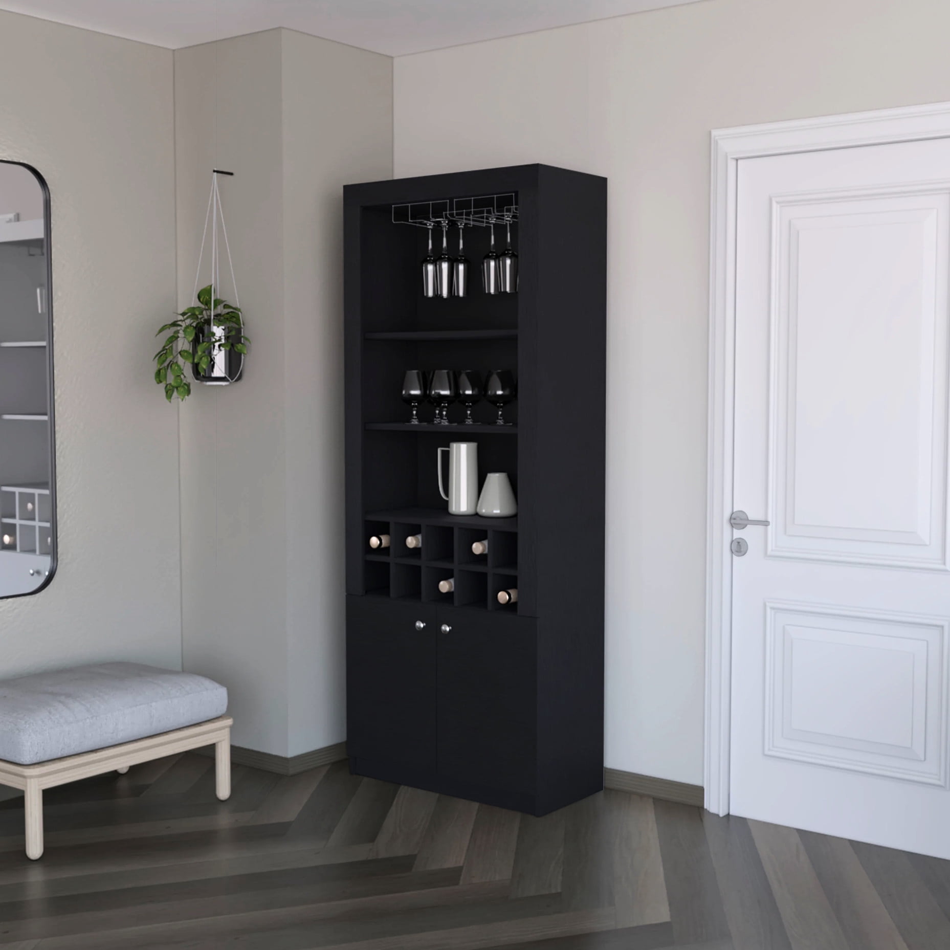 Black Bar Cabinet With Ample Shelving Space: 3 For Beverages, Wine ...