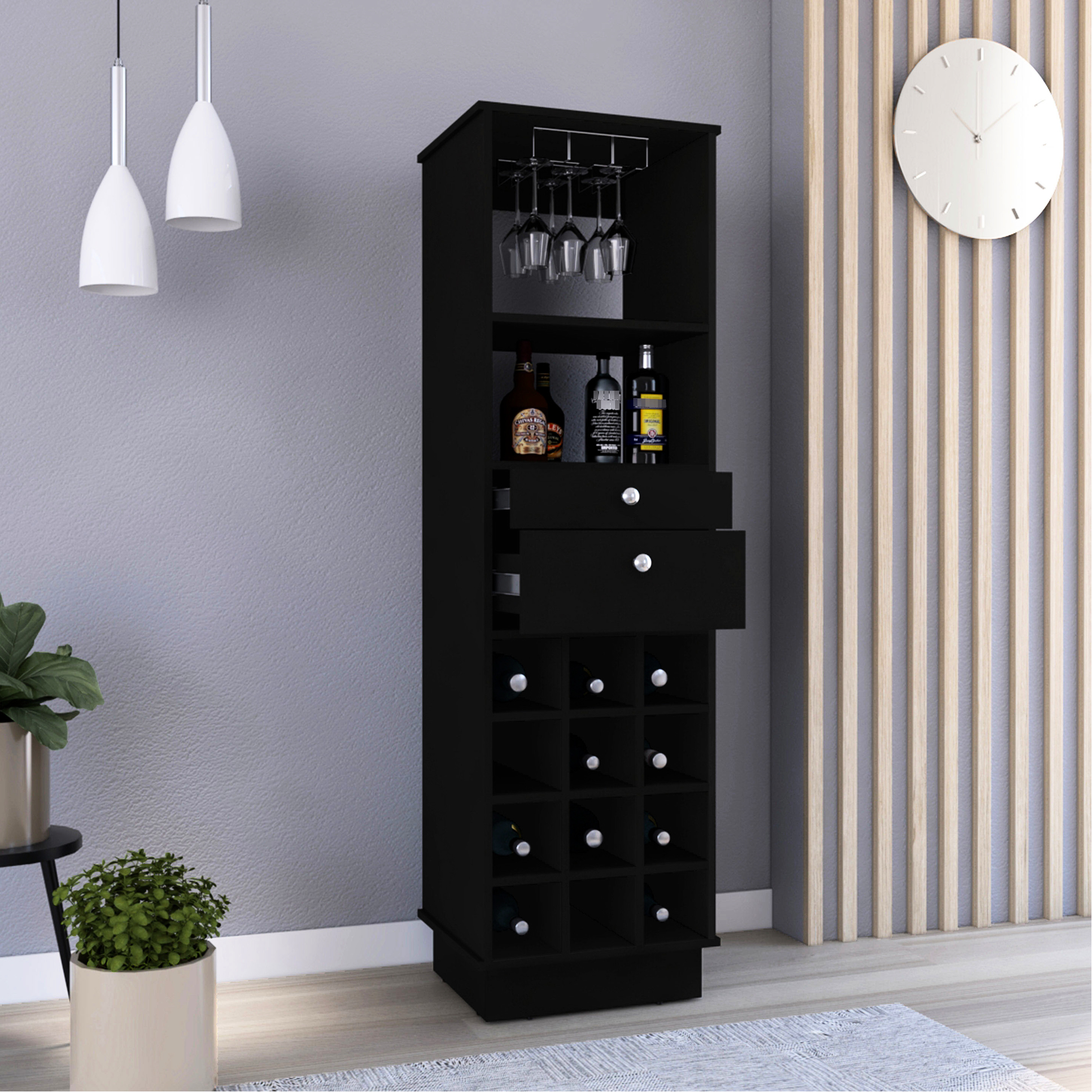 Black Bar Cabinet With Appealing And Efficient : 2 Drawers, Twelve ...