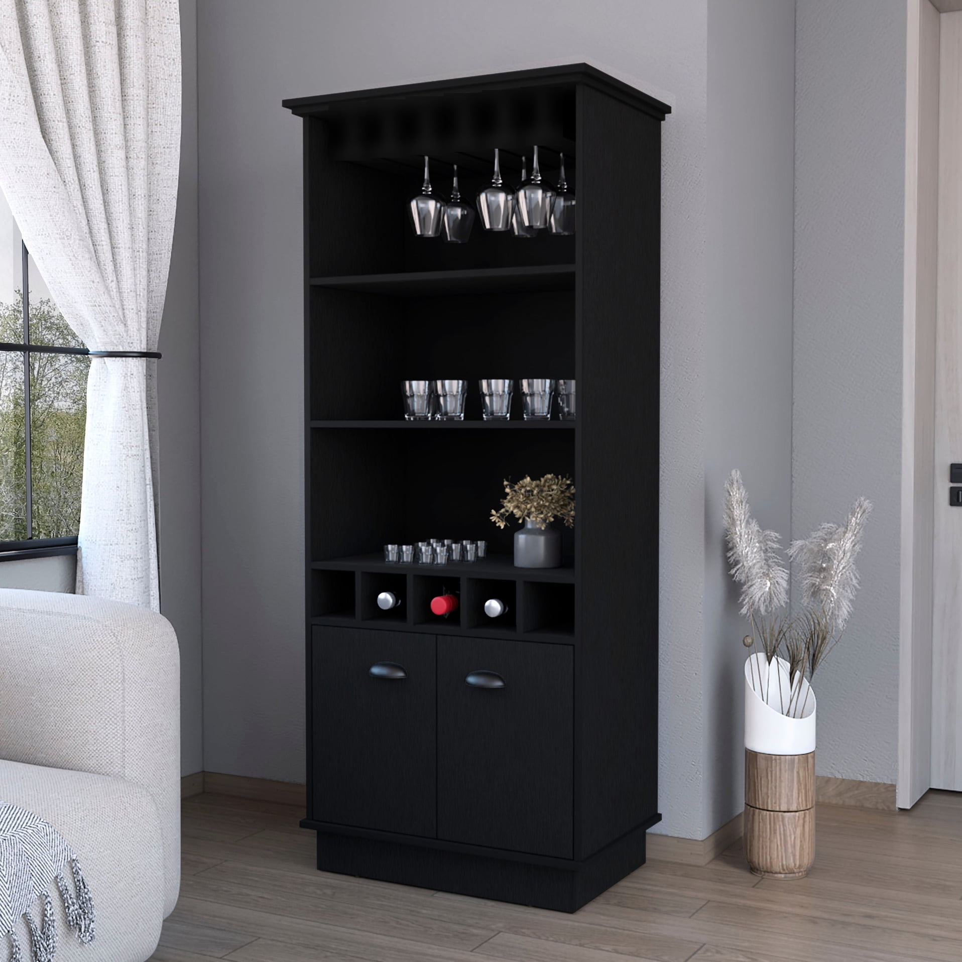 Black Bar Cabinet With Glassware Rack And Functional Storage ...