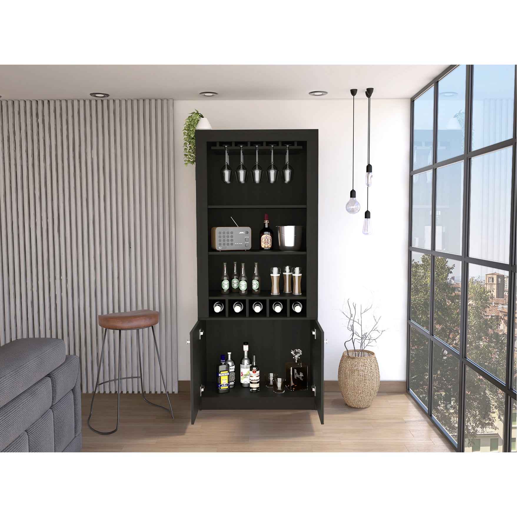 Black Bar Cabinet with Three Open Shelves - Perfect for Display in ...