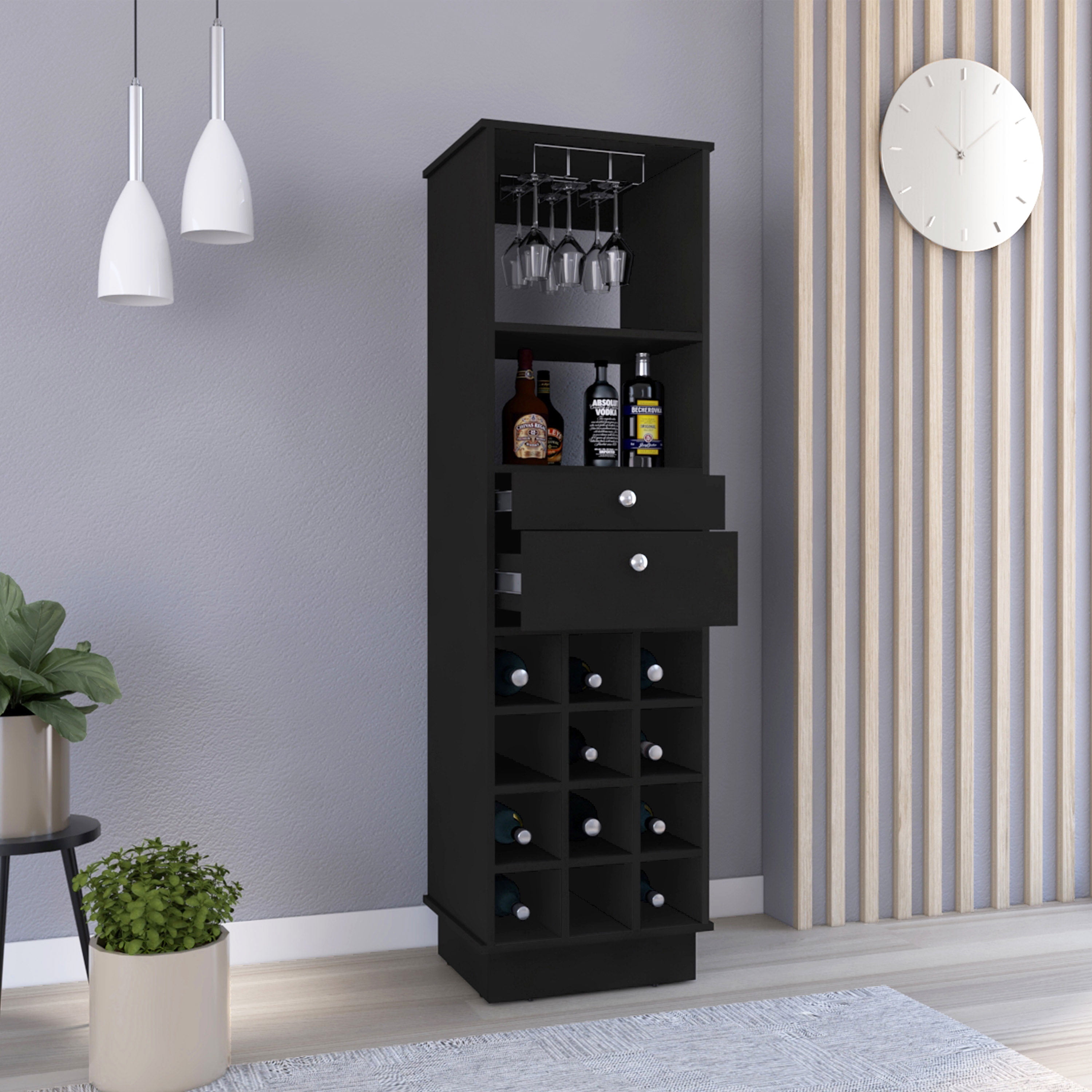Black Bar Cabinet with Wine Storage, Two Drawers & Shelves, Space ...