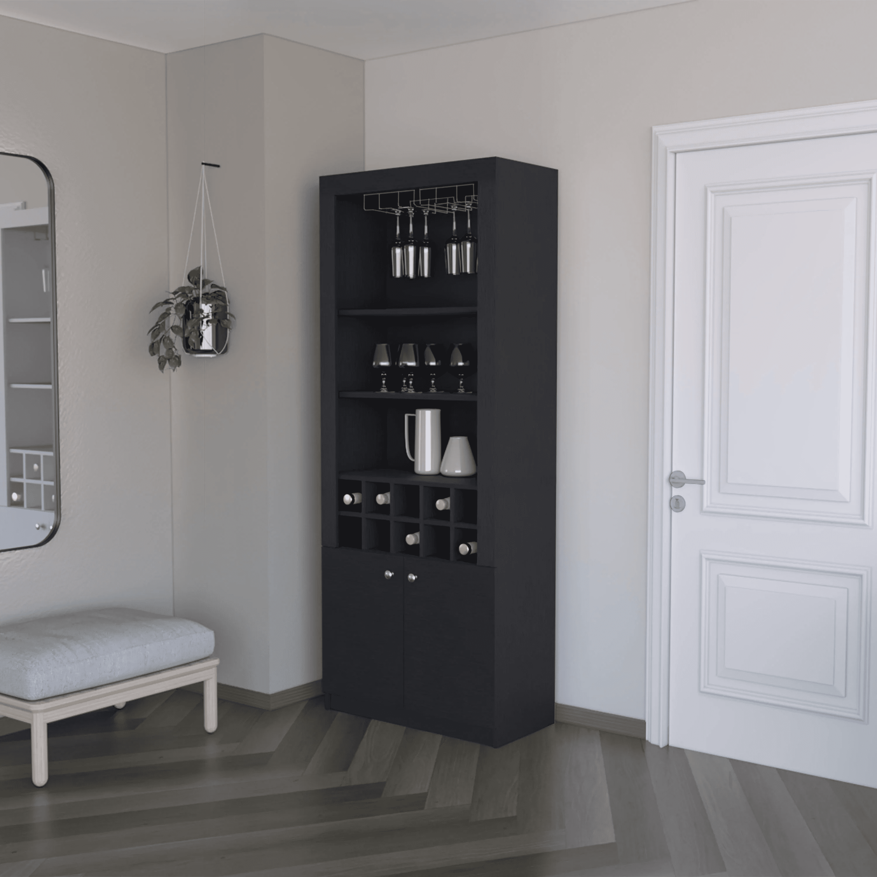 Black Bar Cabinet with Wine Storage and Three Shelves,Black Wood ...