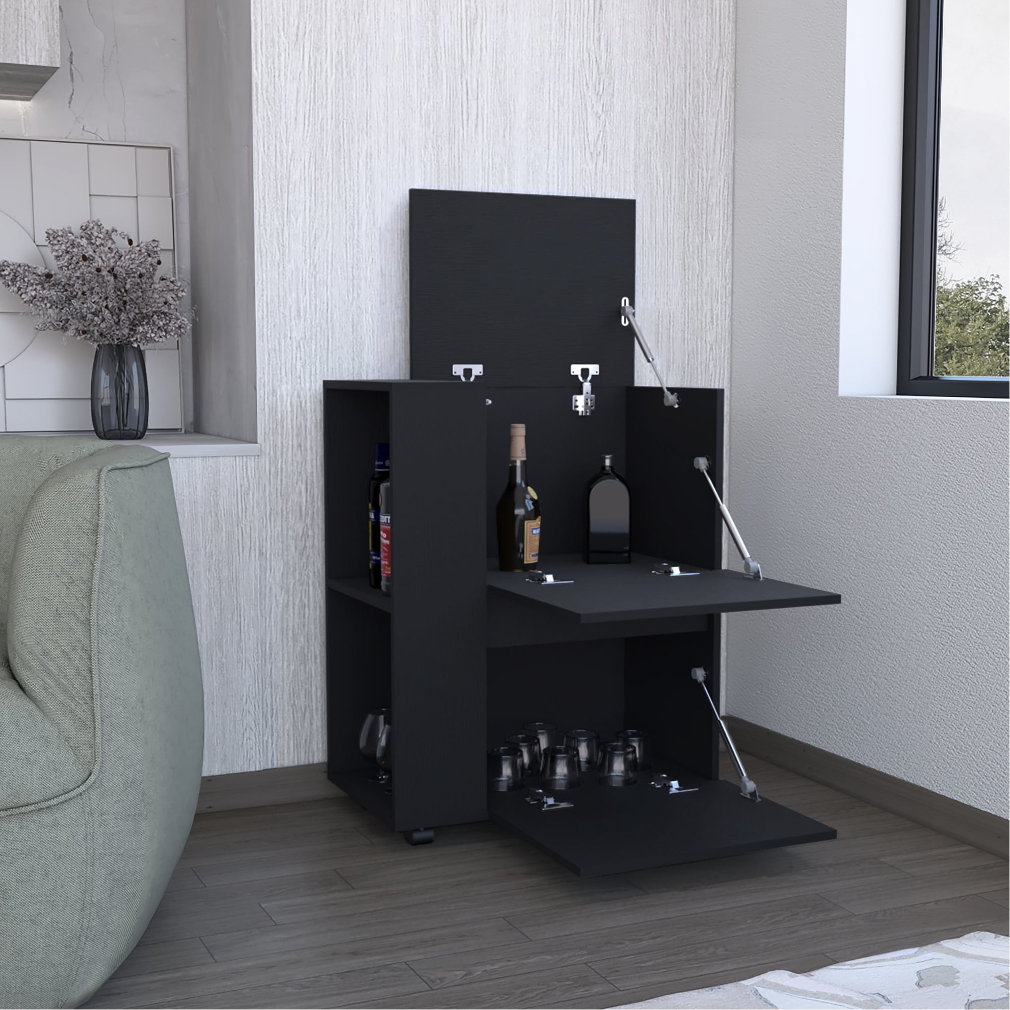 Black Bar Cart, 2 Pull-down Door Cabinets & Open Shelves, 32.2"h X 25.8 ...