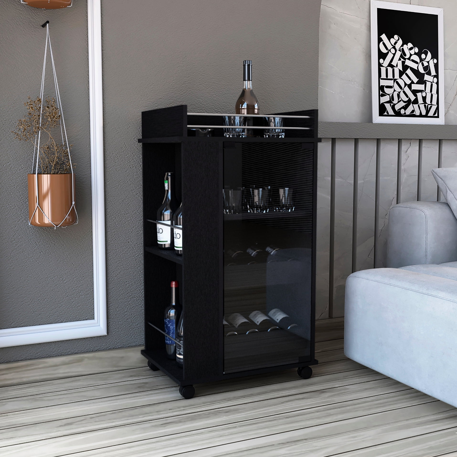 Black Bar Cart With Glass Door, 2 Shelves And . Ready-assemble Using Robust Particle Board ...