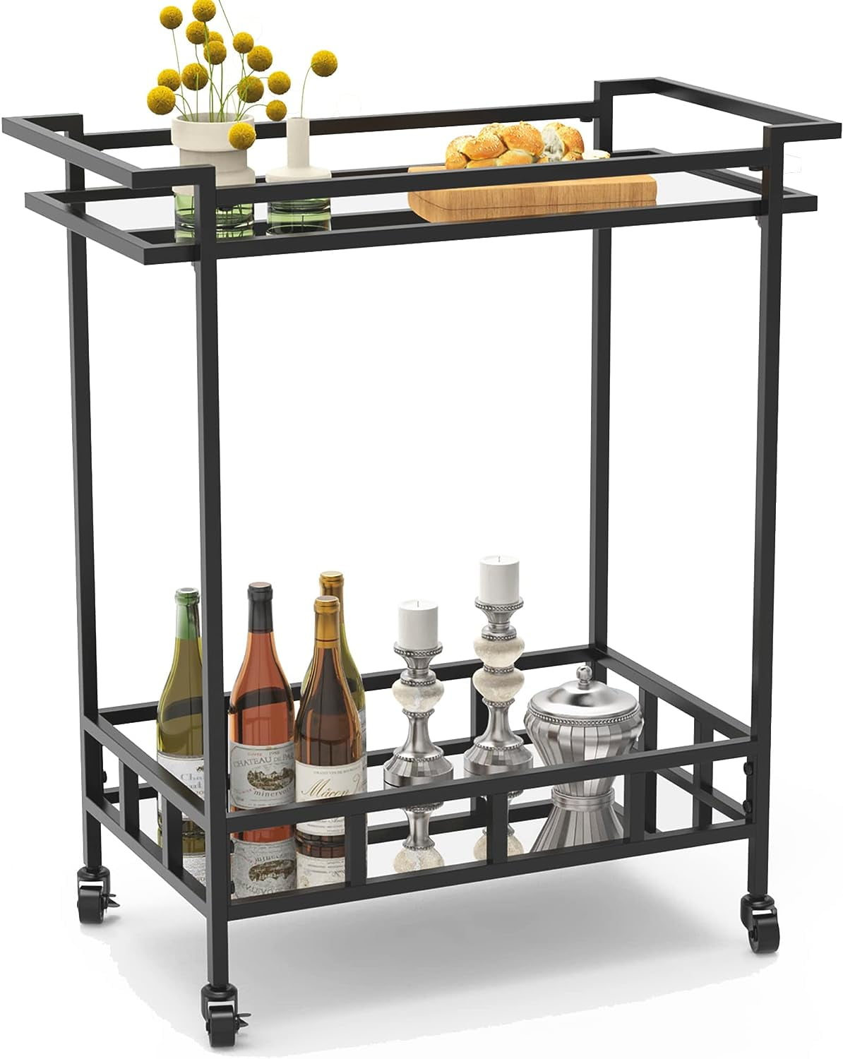 Black Bar Cart, Home Bar Serving Carts with 2 Glass Shelves, Rolling ...