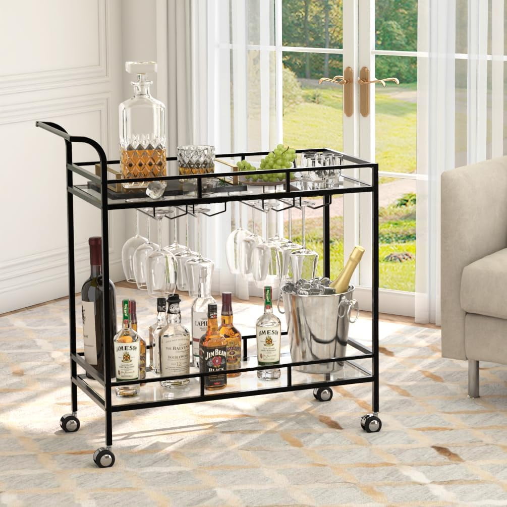 Black Bar Cart, Home Bar Serving Cart, Modern Bar Cart with 2-Tier ...