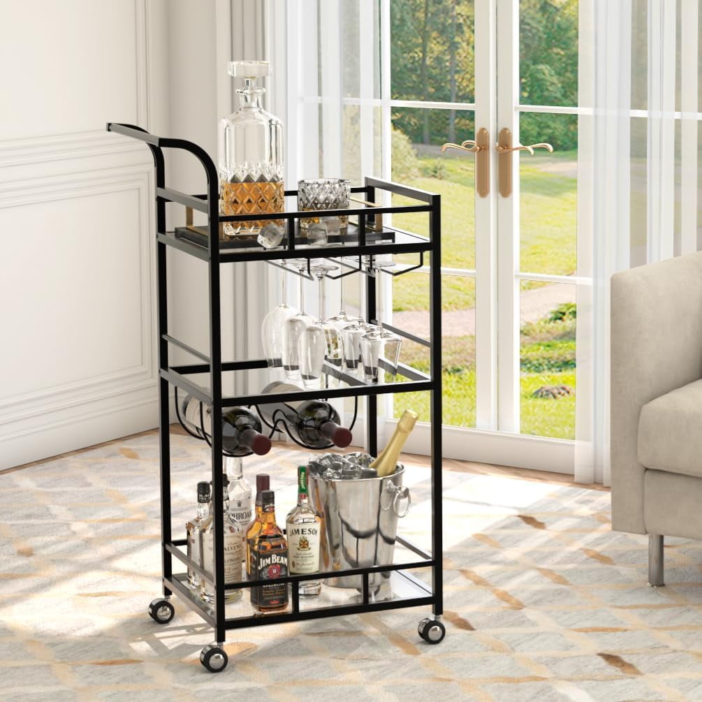 Black Bar Cart, Serving Cart with Wheels and Handle, Small Bar Carts ...