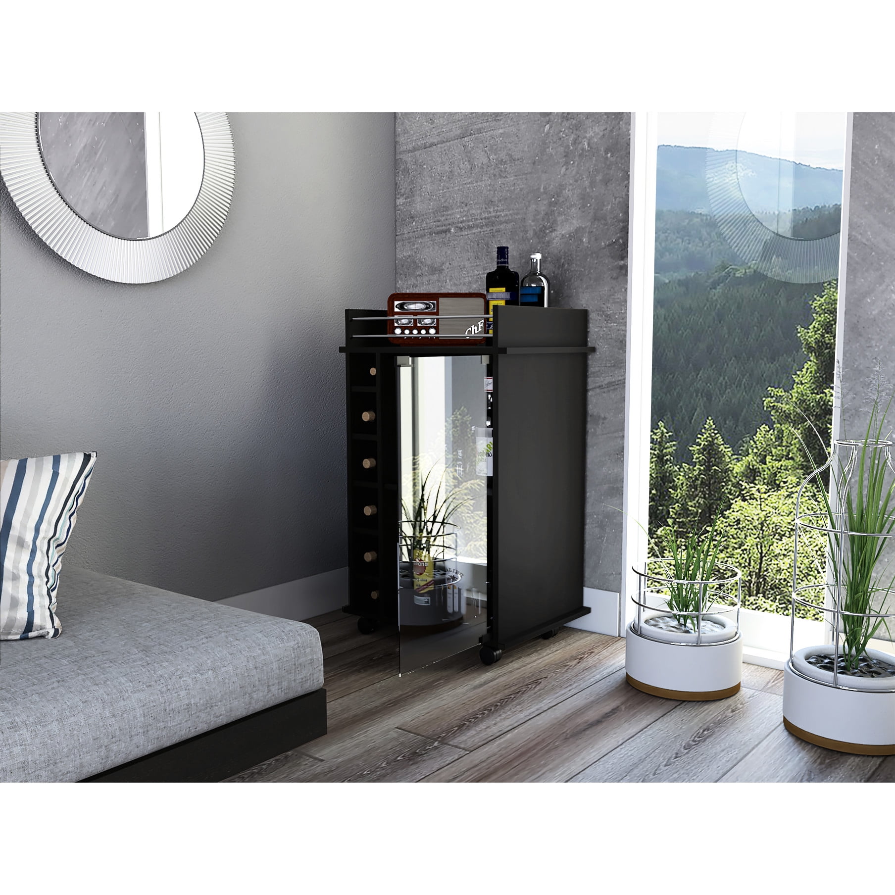 Black Bar Cart, Two Shelves & Six Wine Rack Spaces, Four Rolling With ...