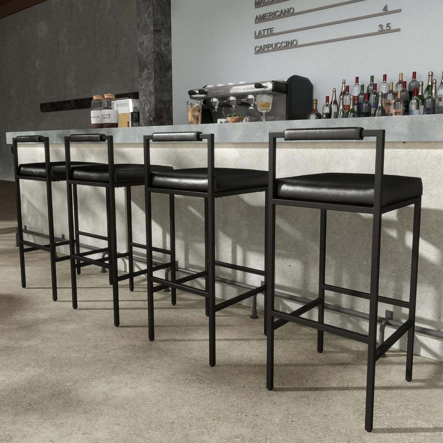 Black Bar Stools Faux Leather Bar Height Barstools with Metal Legs 30 ...