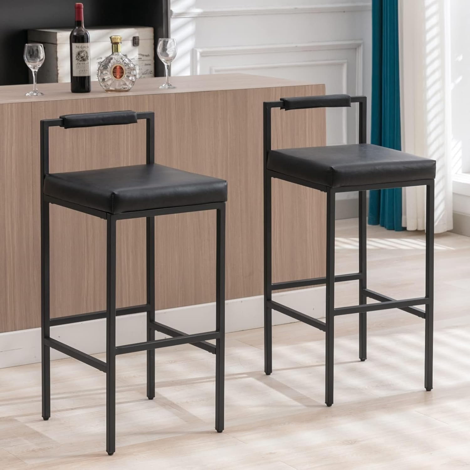Black Bar Stools Faux Leather Bar Height Barstools with Metal Legs 30 ...