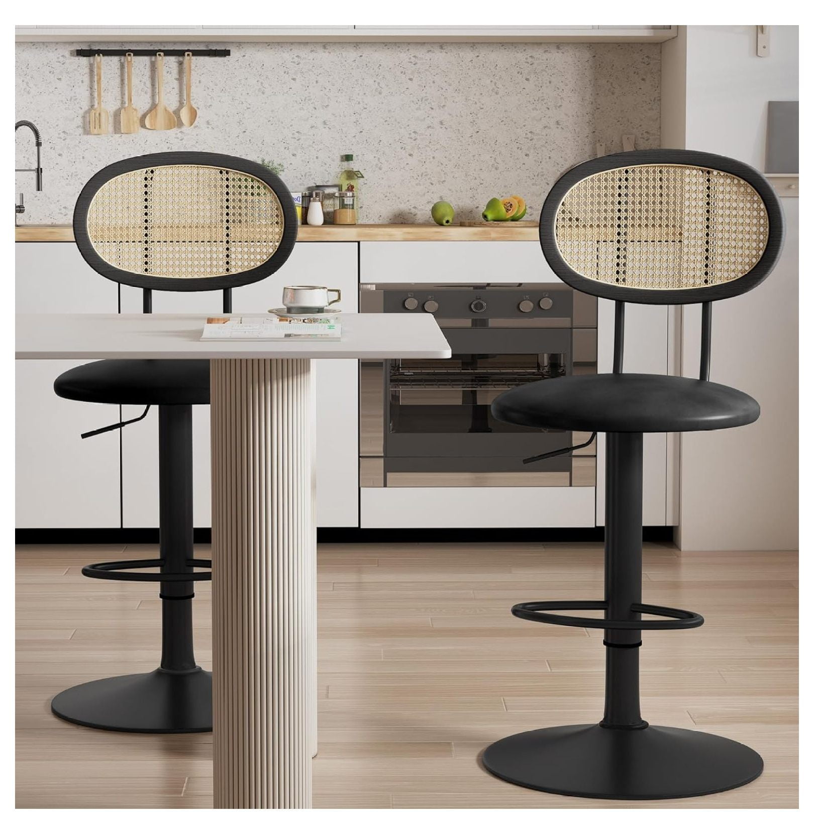 Black Bar Stools Set of 2, Adjustable Swivel Modern Leather Bar Stools ...