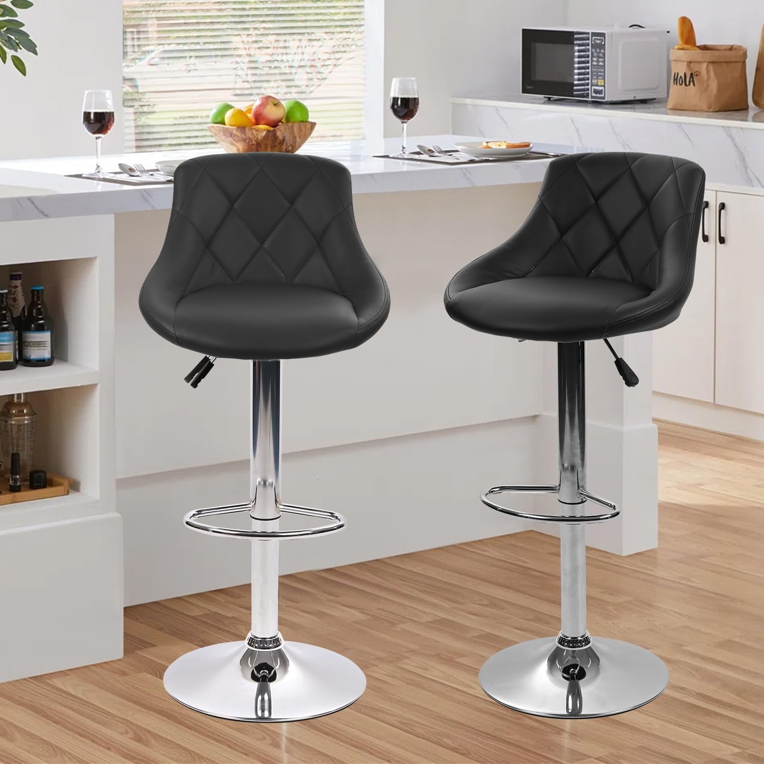 Black Bar Stools Set of 2, PU Leather Island Chairs Barstool Kitchen ...
