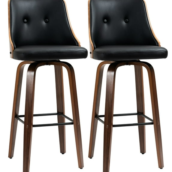 Black Bar Stools with Swivel, Footrest, and Button Tufted Back, 2-Piece ...
