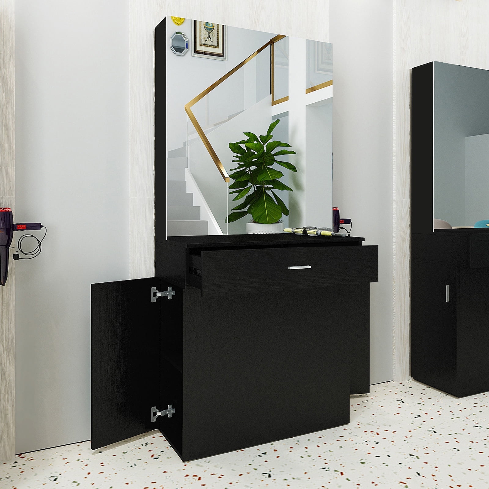 Black Barber Salon Stylist Station Wall Mount Beauty Spa Furniture with ...