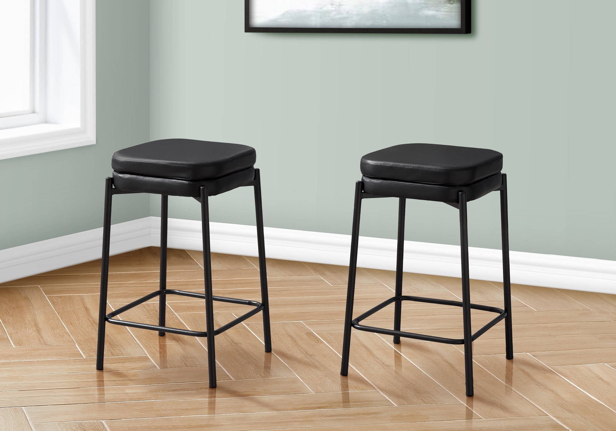 Black Barstools Set of 2 - Counter Height Kitchen Stools, Black Leather ...