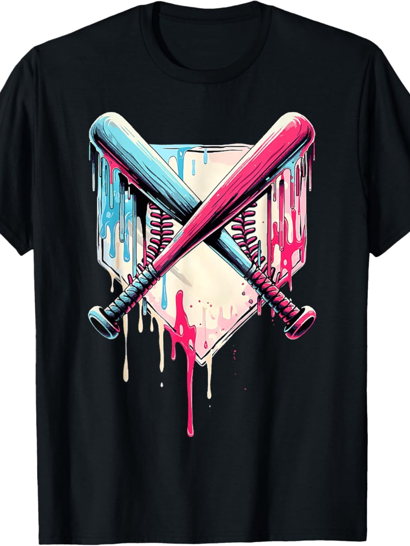 Black Baseball Bat & Dripping Home Plate T-Shirt - Casual Loose Fit ...