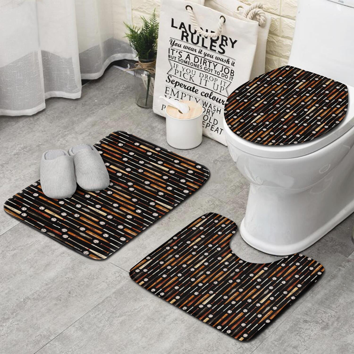 Black Baseball Bats and Balls Pattern Bathroom Rugs Sets 3 Piece,Toilet ...