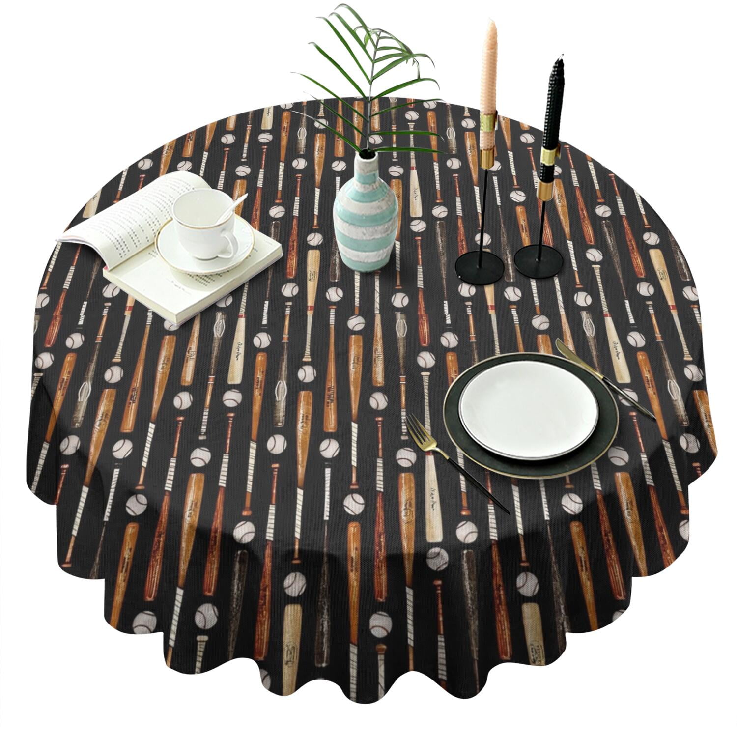 Black Baseball Bats and Balls Pattern Round Tablecloth 60"x60",Wrinkle ...