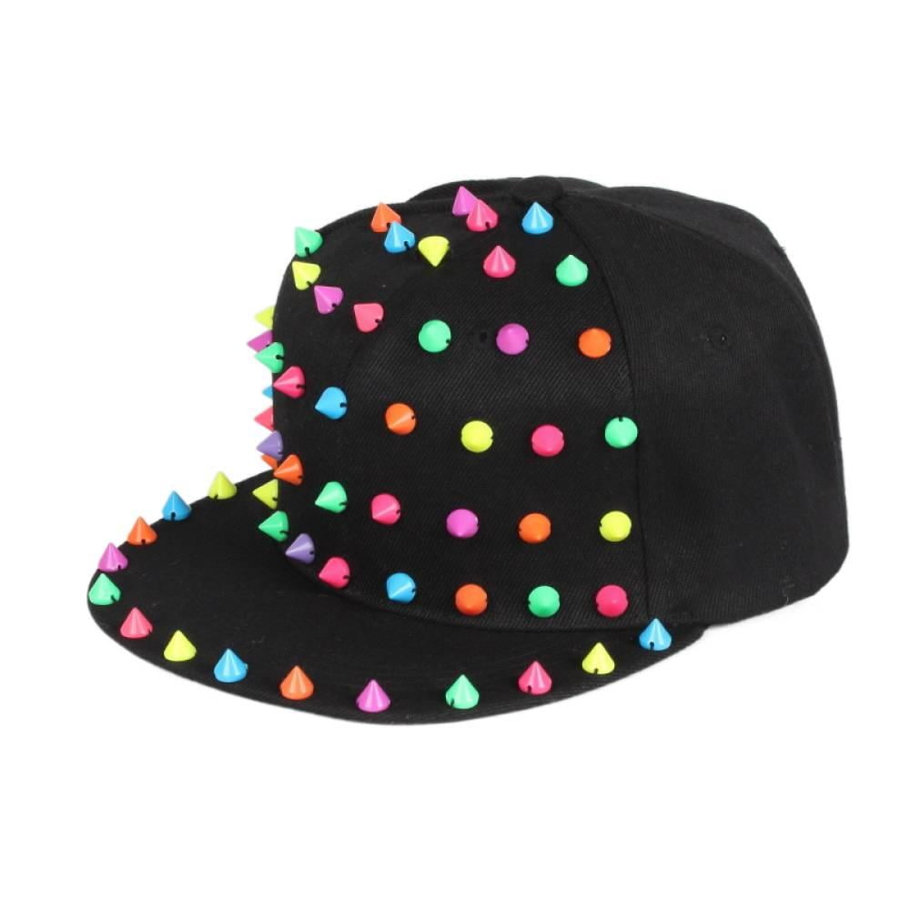 Black Baseball Cap with Neon Rainbow Spikes, Studded Snapback Hat, Punk ...